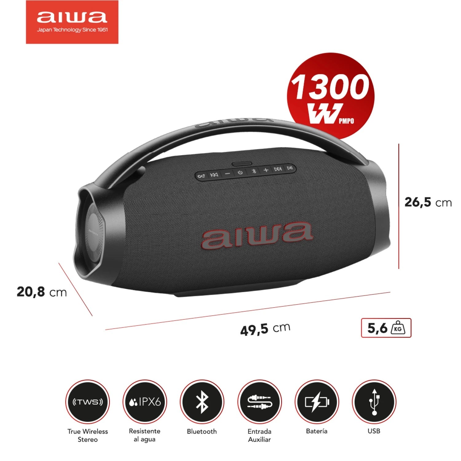 Parlante Portatil Bluetooth Aiwa Ipx6 Con Tws 130w Aw h51bt parlante-portatil-bluetooth-aiwa-ipx6-con-tws-130w-aw-h51bt